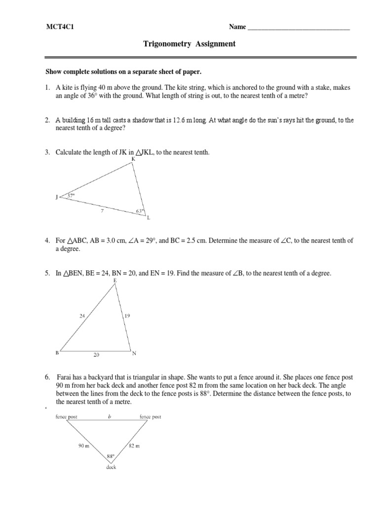 Unit 1 Review Trig. Assignment | Triangle | Trigonometric Functions