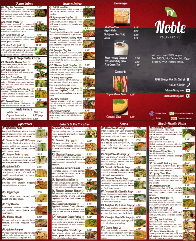 Noble Vegetarian To-Go Menu | Download Free PDF | Curry | Tofu