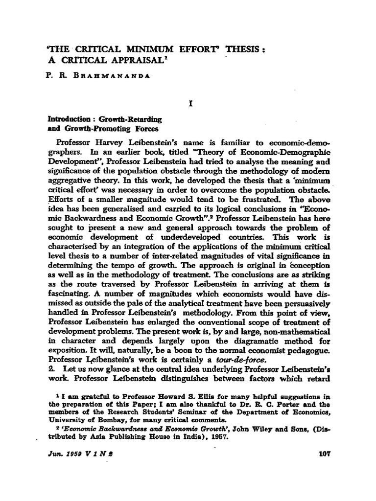 Critical Minimum Effort' Thesis: A Critical Appraisal: Bra - Hma.N A ...