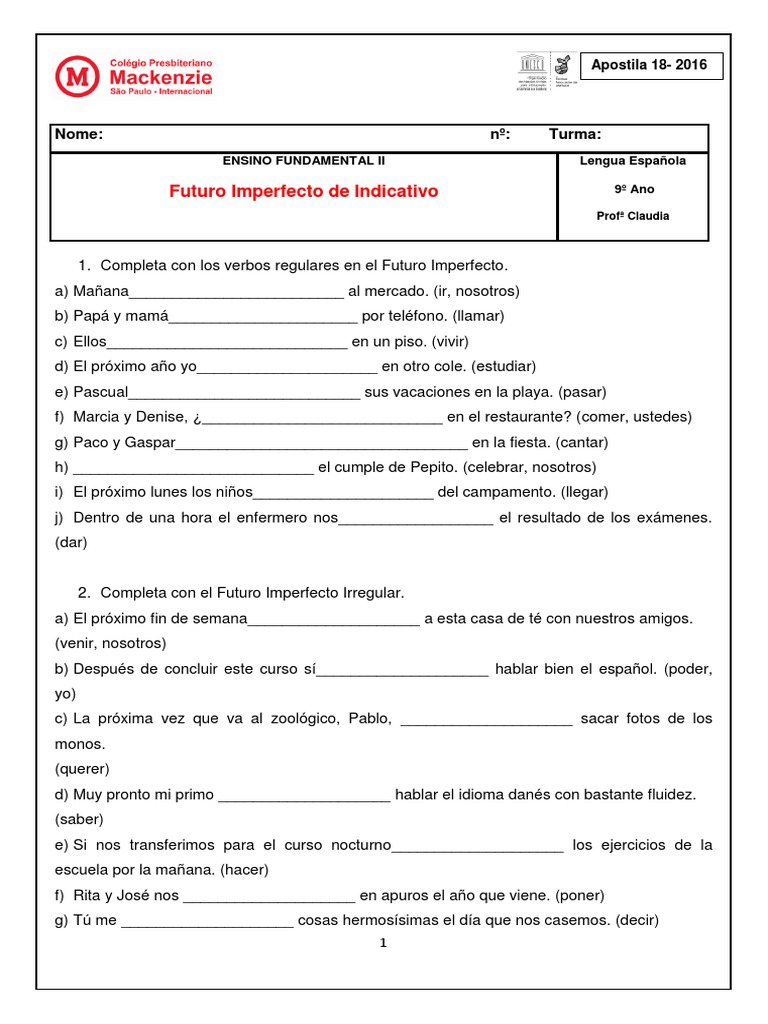Apostila 18 - Futuro Imperfecto de Indicativo | PDF