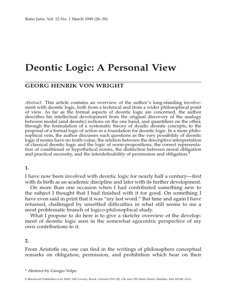 Von Wright - Deontic Logic, A Personal View PDF | PDF | Modal Logic ...