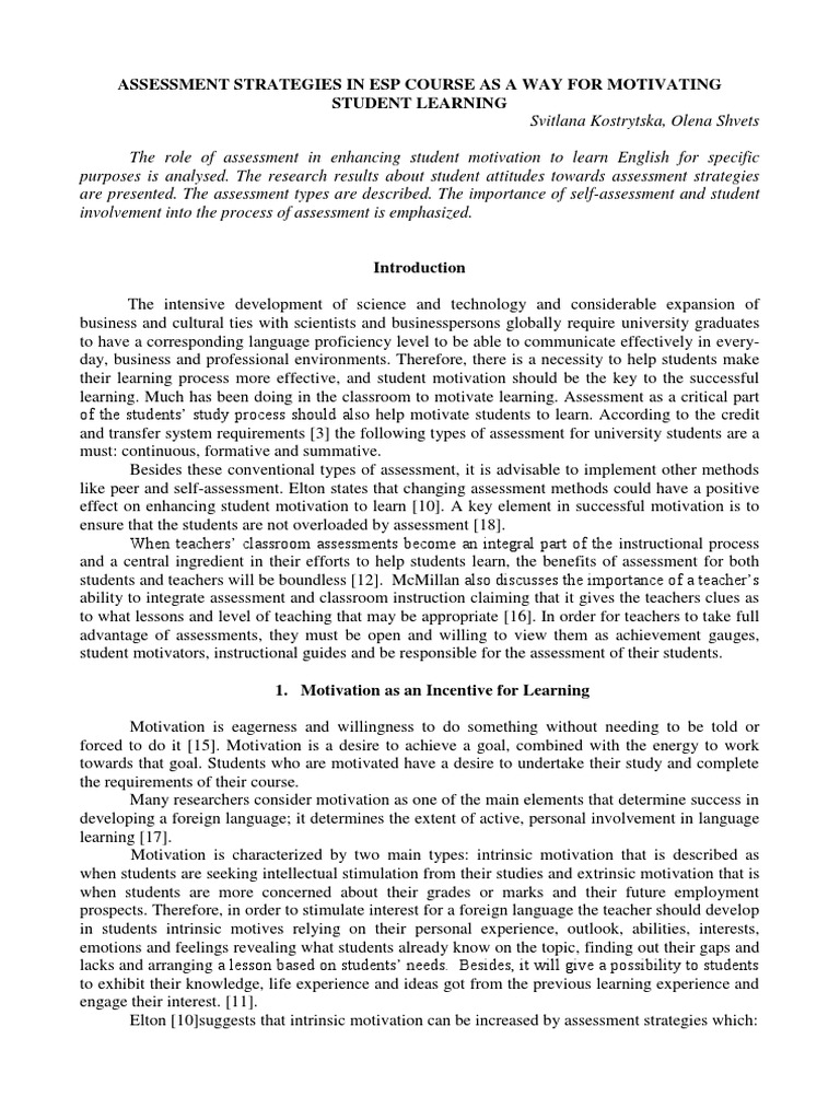 Assessment Strategies in Esp Course As A Way For Motivating Student ...