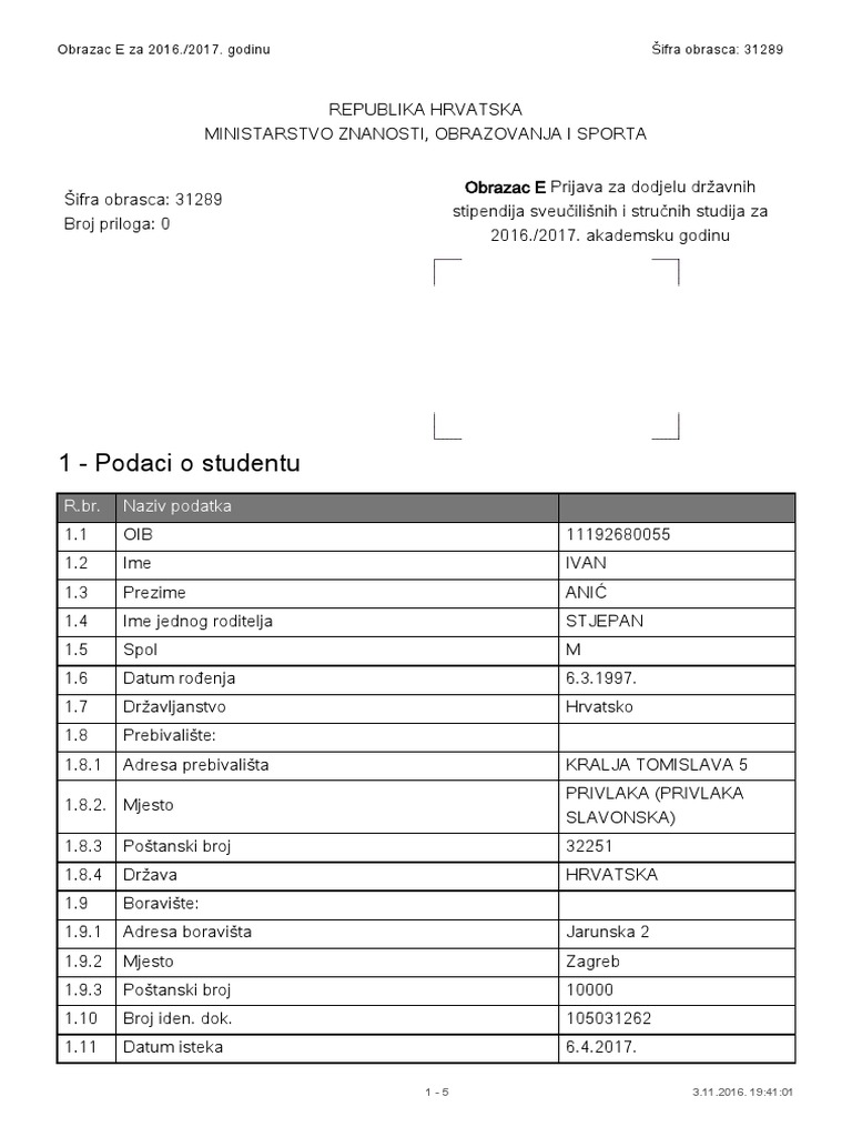 Obrazac E Za 2016.-2017. Godinu | PDF