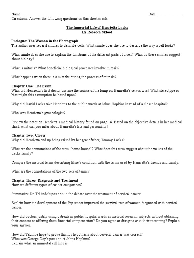 Henrietta Lacks Reader's Worksheet | PDF | He La | Cervical Cancer