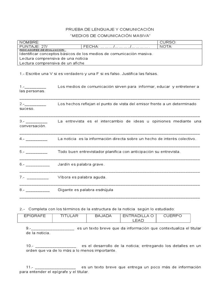 Medios de Comunicación Masiva: Evaluación | PDF