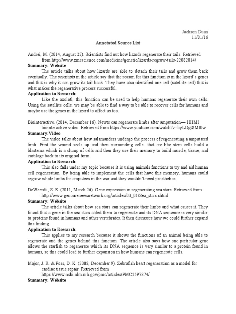 Summary: Website: Annotated Source List | PDF | Regeneration (Biology) | Life Sciences