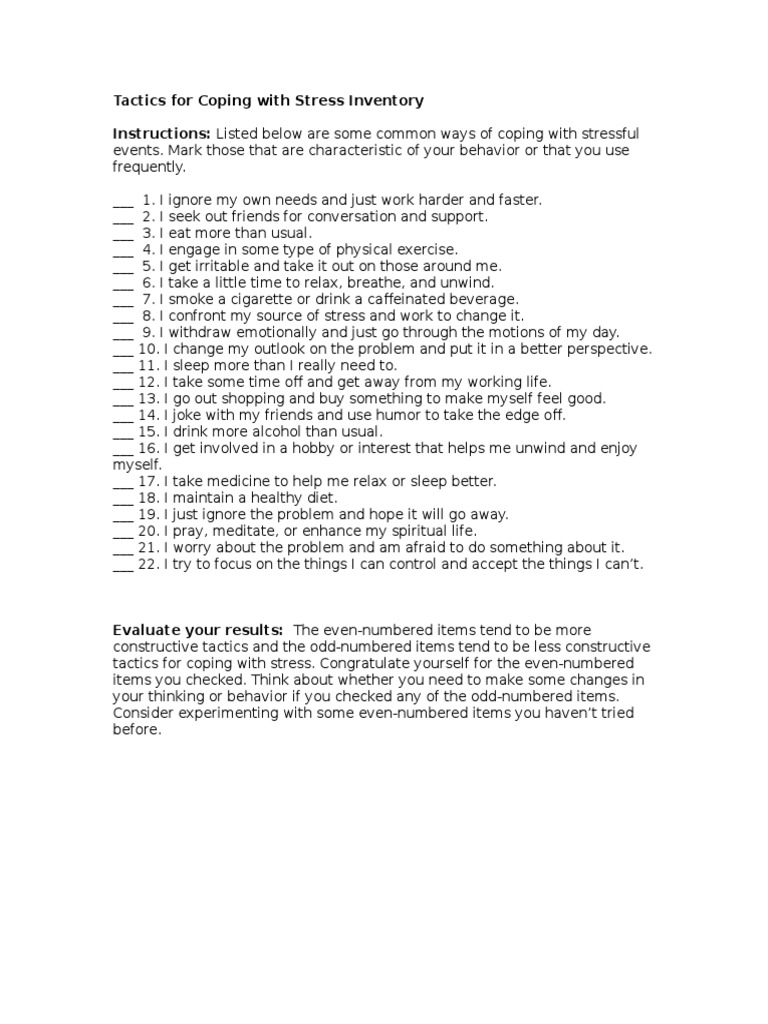 Tactics For Coping With Stress Inventory | PDF