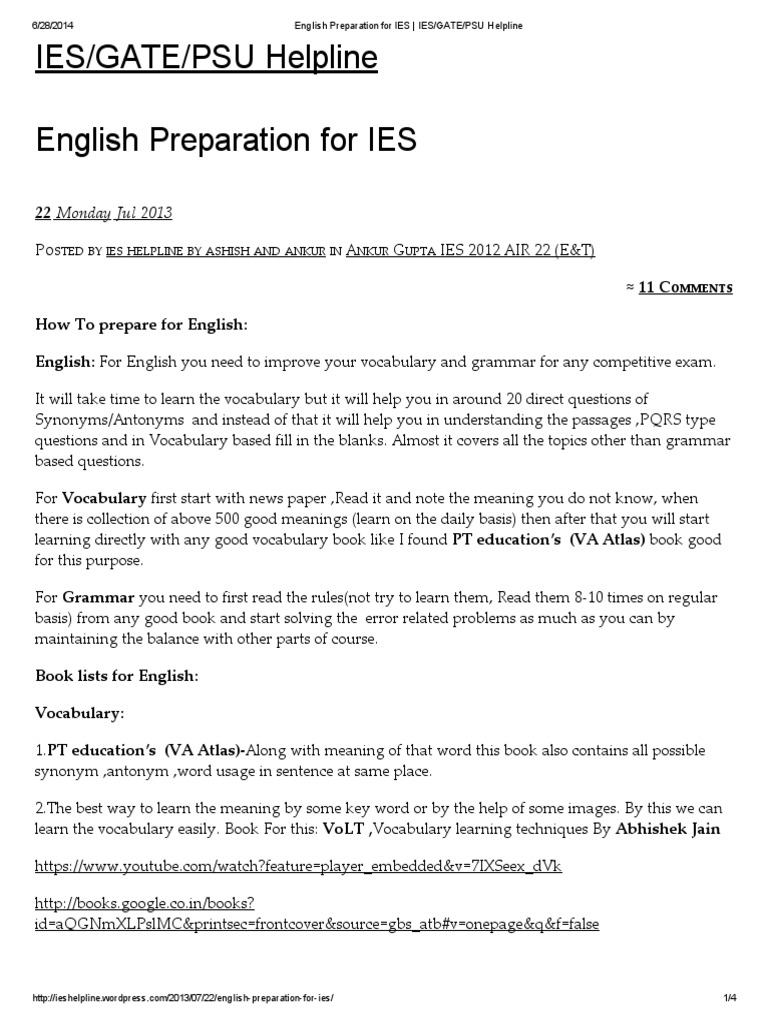 English Preparation For IES, GATE, PSU Helpline | PDF | English ...
