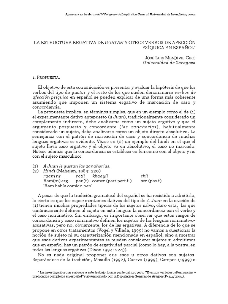 La Estructura Ergativa de Gustar y Otros Verbos PDF | PDF | Asunto ...