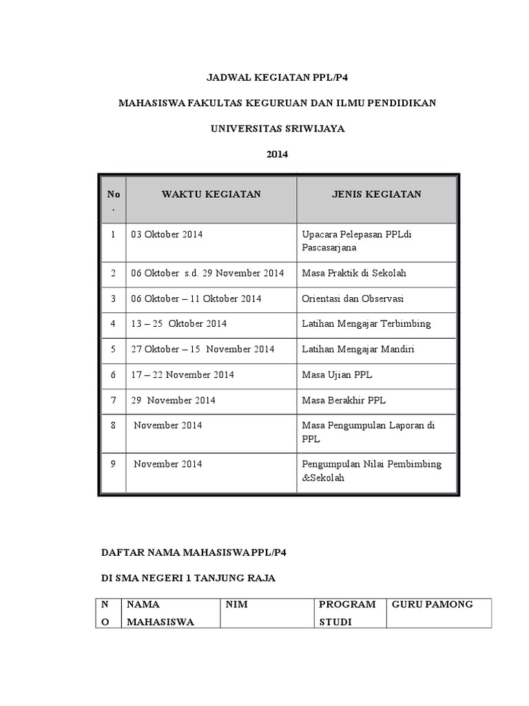 Jadwal Kegiatan PPL | PDF
