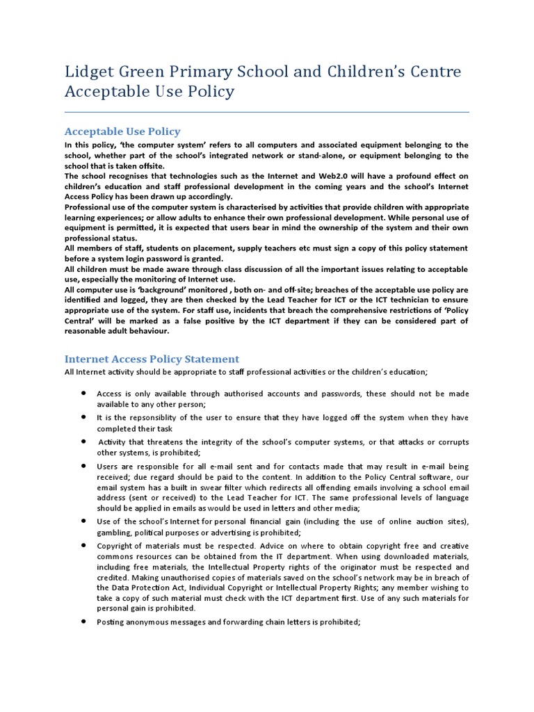 Lidget Green Primary School and Children's Centre Acceptable Use Policy ...