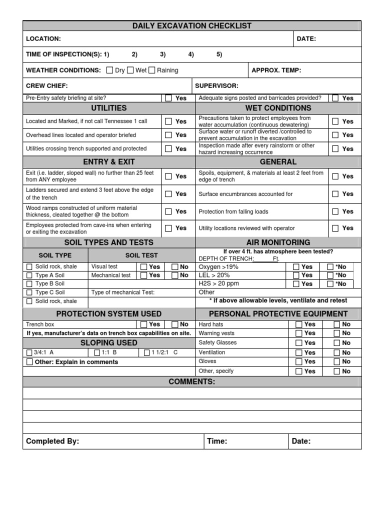 Daily Excavation Checklist | PDF