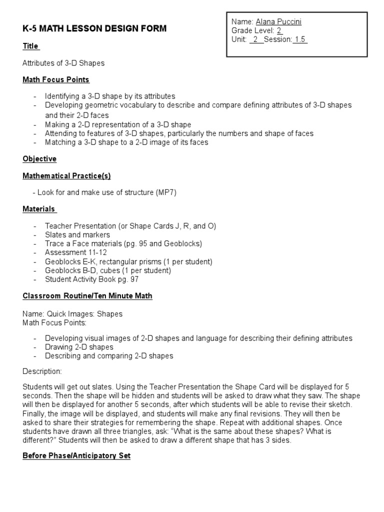 Investigations Lesson Plan - Observation 5 | PDF | Shape | Teaching ...