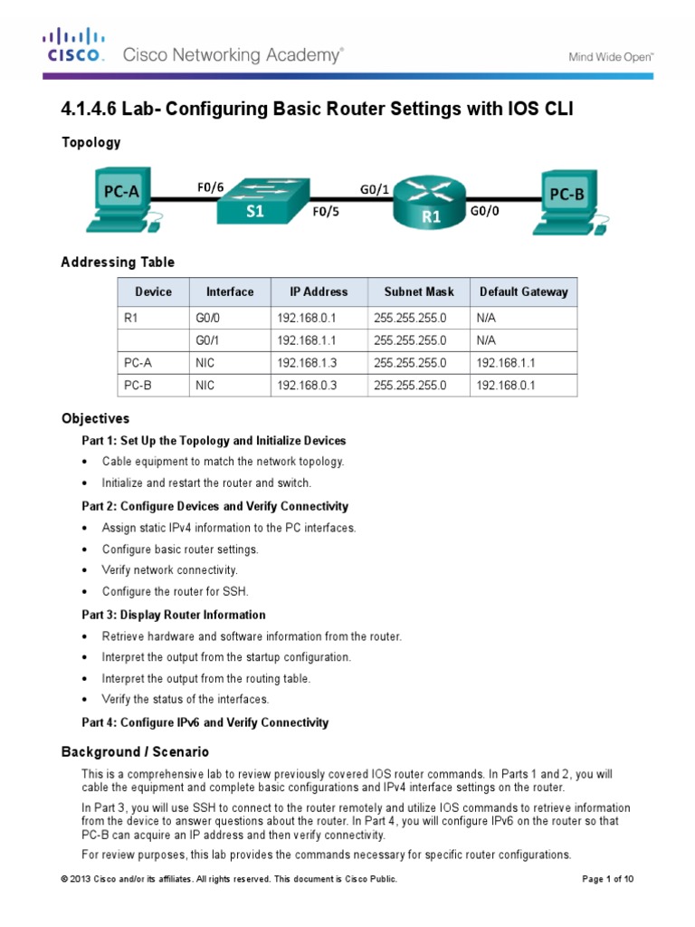 4.1.4.6 Lab - Configuring Basic Router Settings With IOS CLI | PDF | I ...