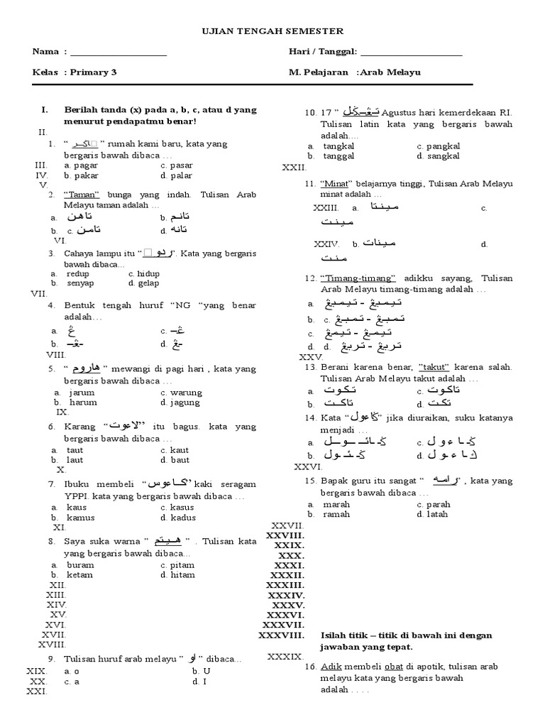 Soal Ujian Arab Melayu Kelas 3 SD | PDF | Kajian Bahasa Asing | Klasik