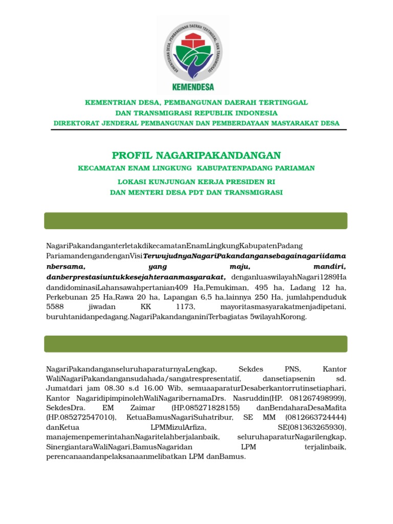 Profil Nagari Pakandangan: Pembangunan dan Kesejahteraan | PDF