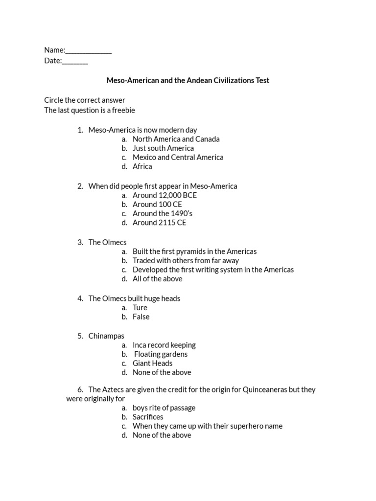 Meso-Andean Civilizations Quiz | PDF | Aztec | Inca Empire