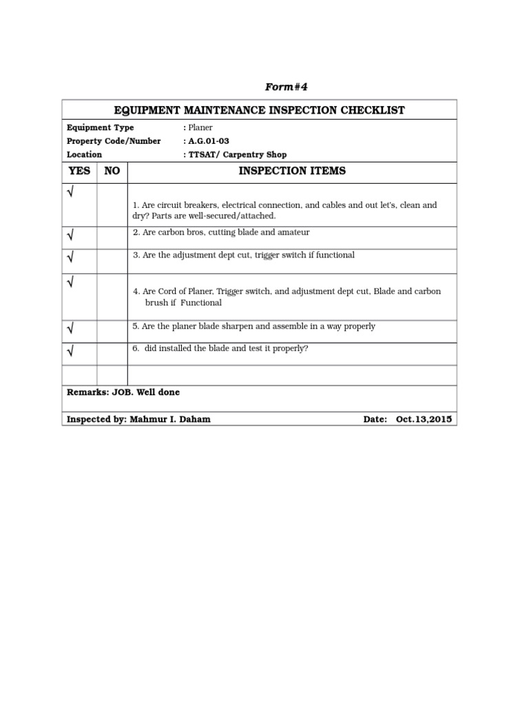 Equipment Maintenance Inspection Checklist | PDF