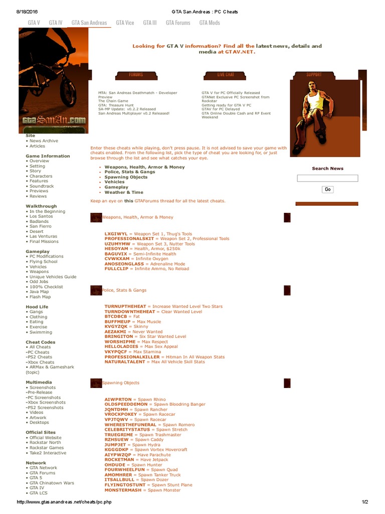 GTA San Andreas - PC Cheats | PDF