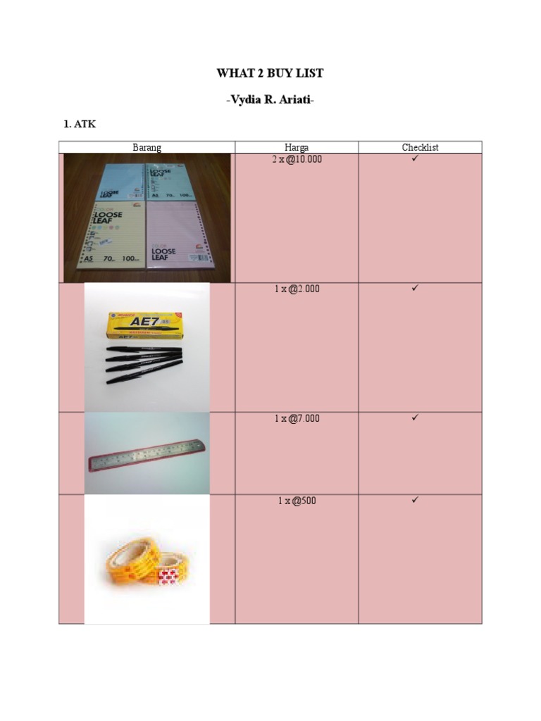 What 2 Buy List - Vydia R. Ariati-: Barang Harga Checklist 2 X @10.000 ...