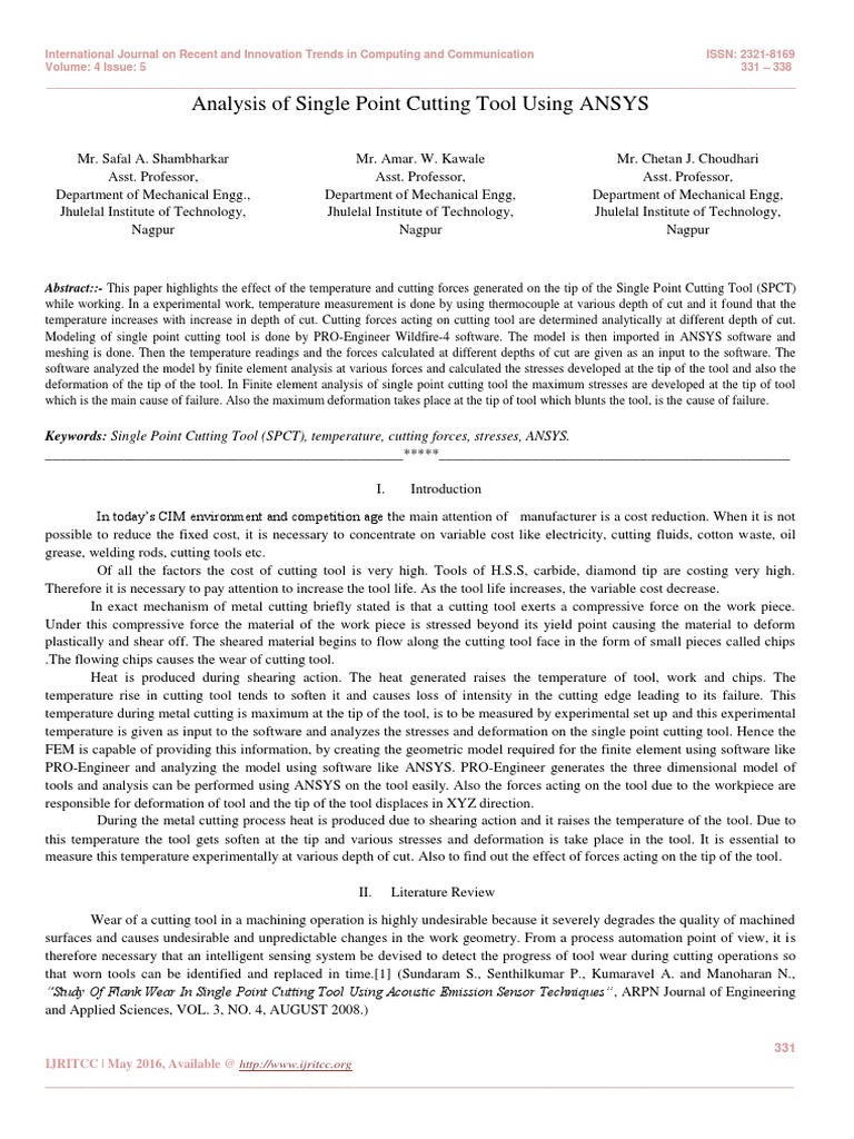 Analysis of Single Point Cutting Tool Using ANSYS | PDF | Machining | Computer Aided Design