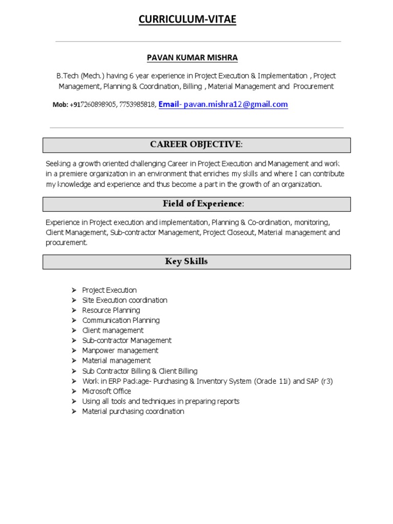 Planning Engineer CV of Pavan Mishra | PDF | Industries | Business
