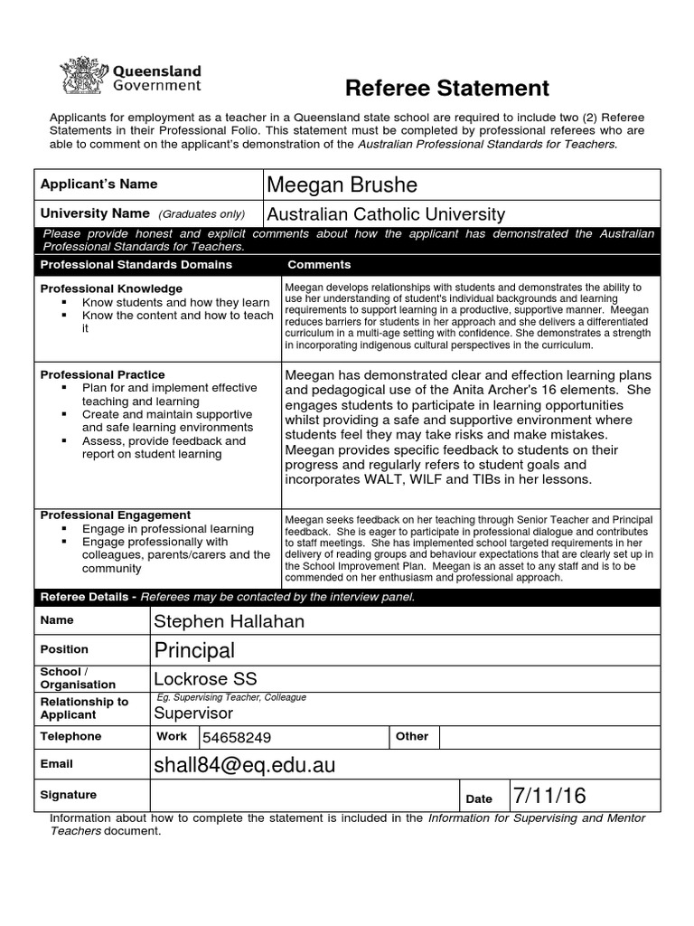Meegan Referee Statement Steve | Download Free PDF | Teachers | Sharing