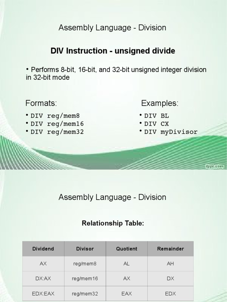 Assembly Language - Division: DIV Instruction - Unsigned Divide | PDF