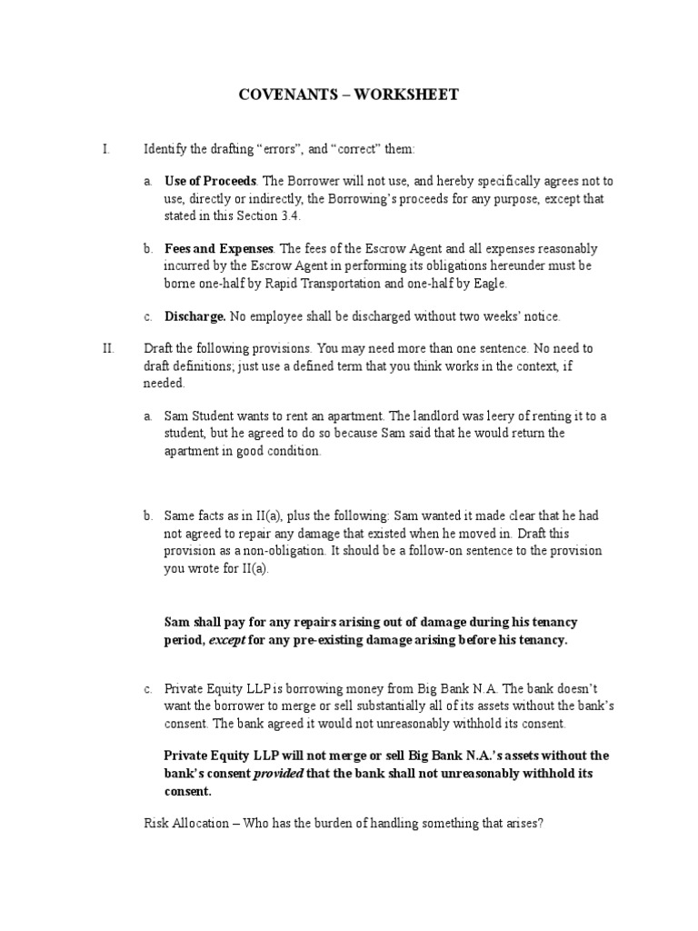 COVENANTS Worksheet | PDF | Leasehold Estate | Lease