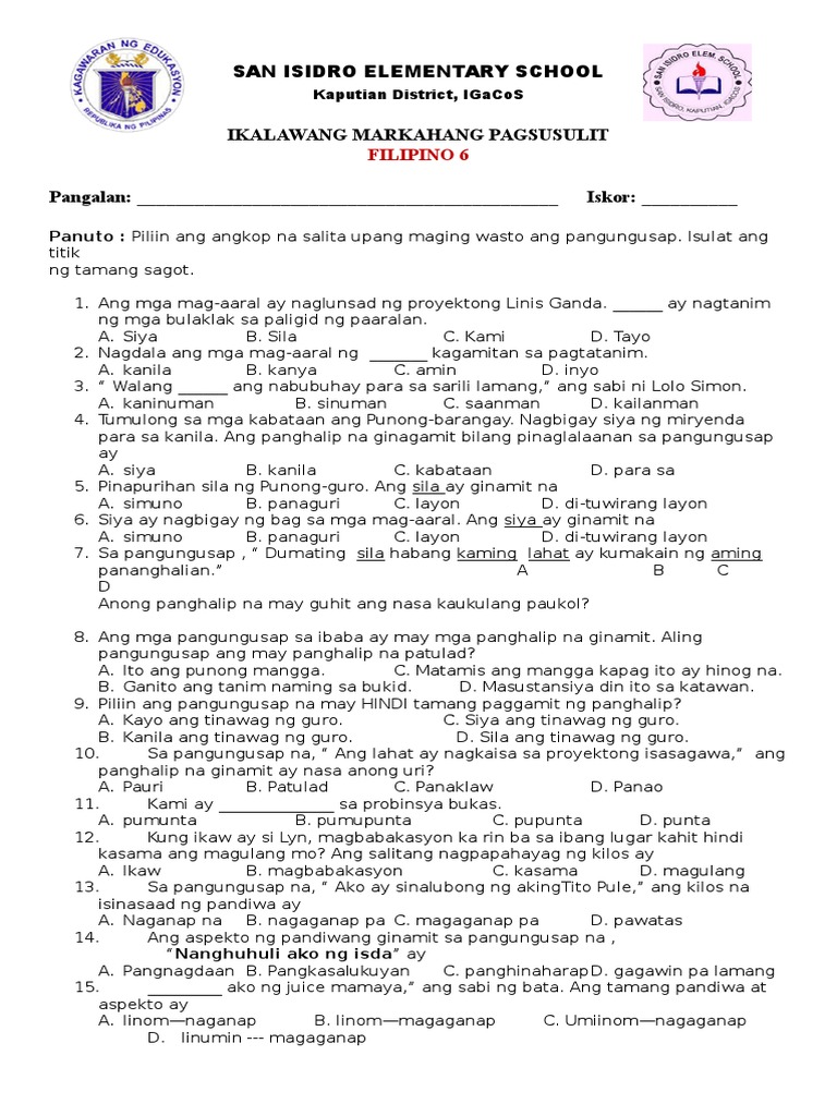 2nd Periodical Test - Filipino 6 - SAMPLE | PDF
