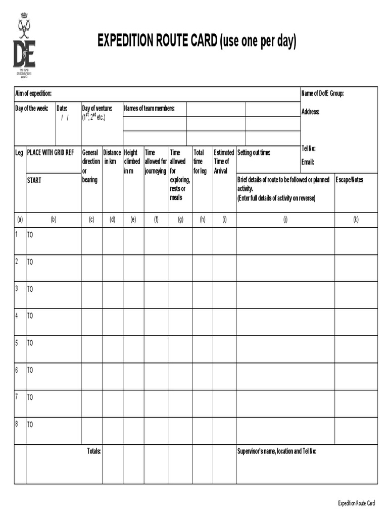 Daily Expedition Route Card Template | PDF