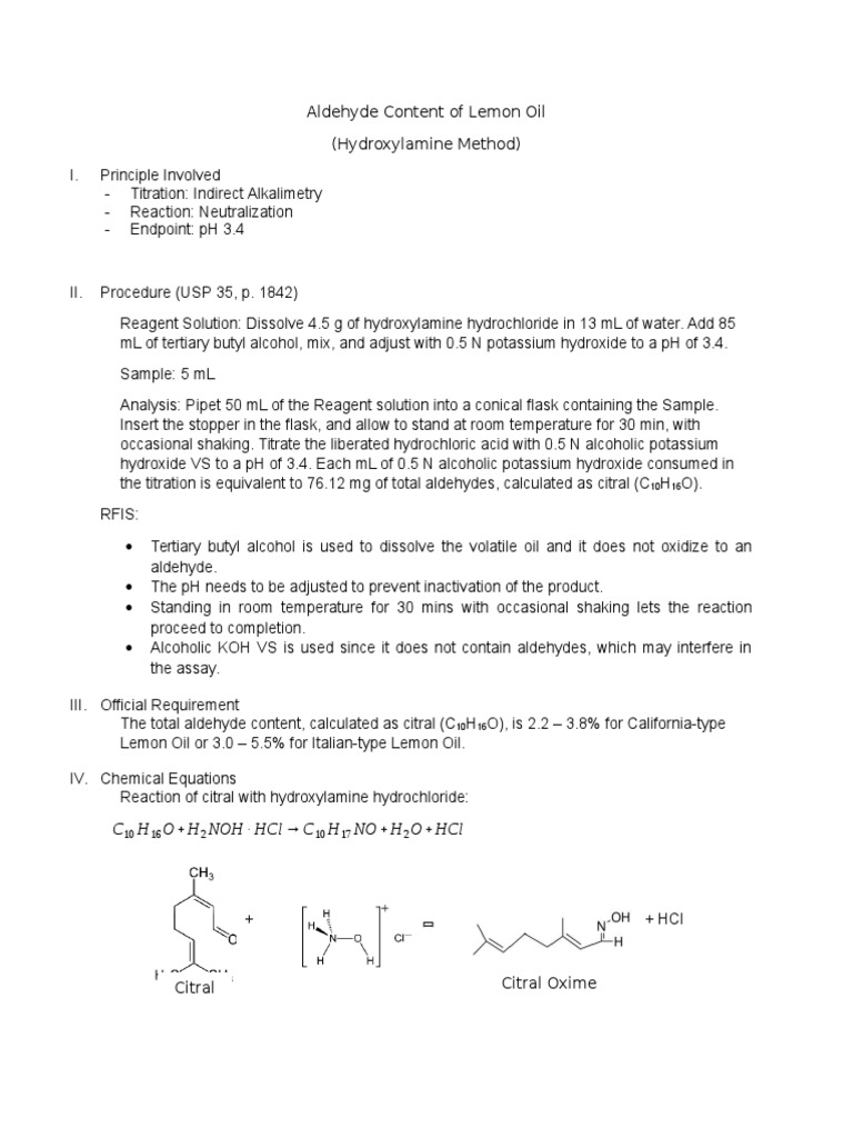 Aldehyde Content in Lemon Oil Analysis | PDF