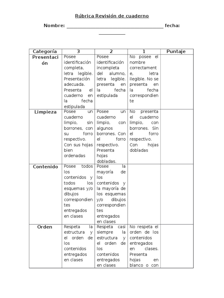Rúbrica Revisión de Cuaderno | PDF