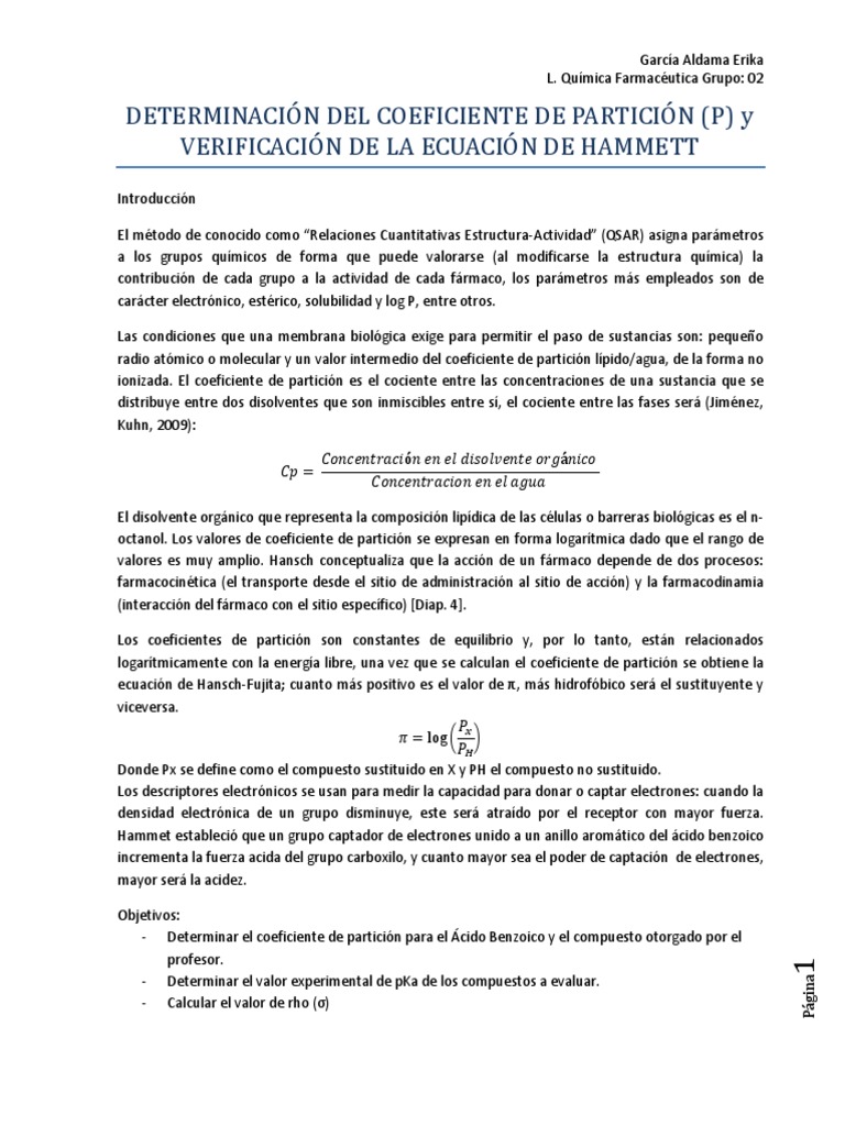 DETERMINACIÓN DEL COEFICIENTE DE PARTICIÓN y ECUACION DE HAMMETT Erika ...