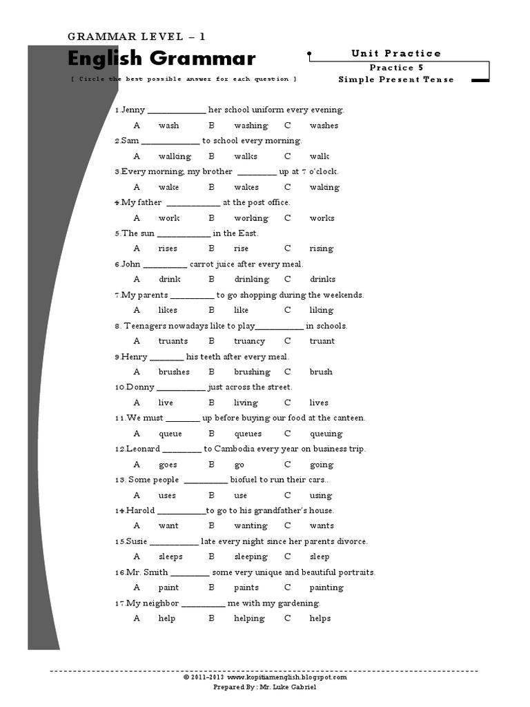 English Grammar: Grammar Level - 1 Unit Practice | PDF
