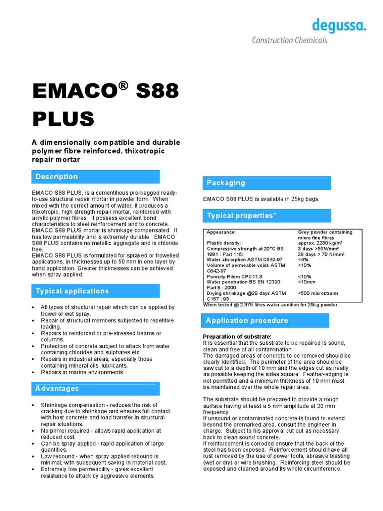 TDS - Emaco S88 Plus | PDF | Mortar (Masonry) | Casting (Metalworking)