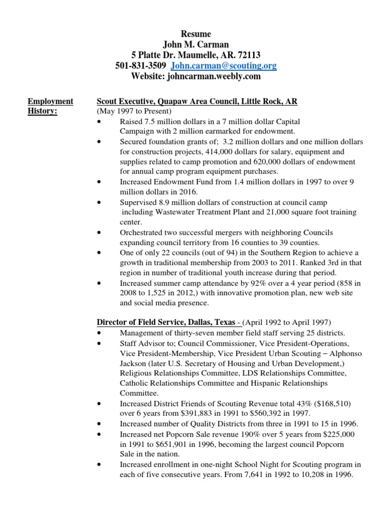 john carman resume | Boy Scouts Of America | Organizations Of Children ...