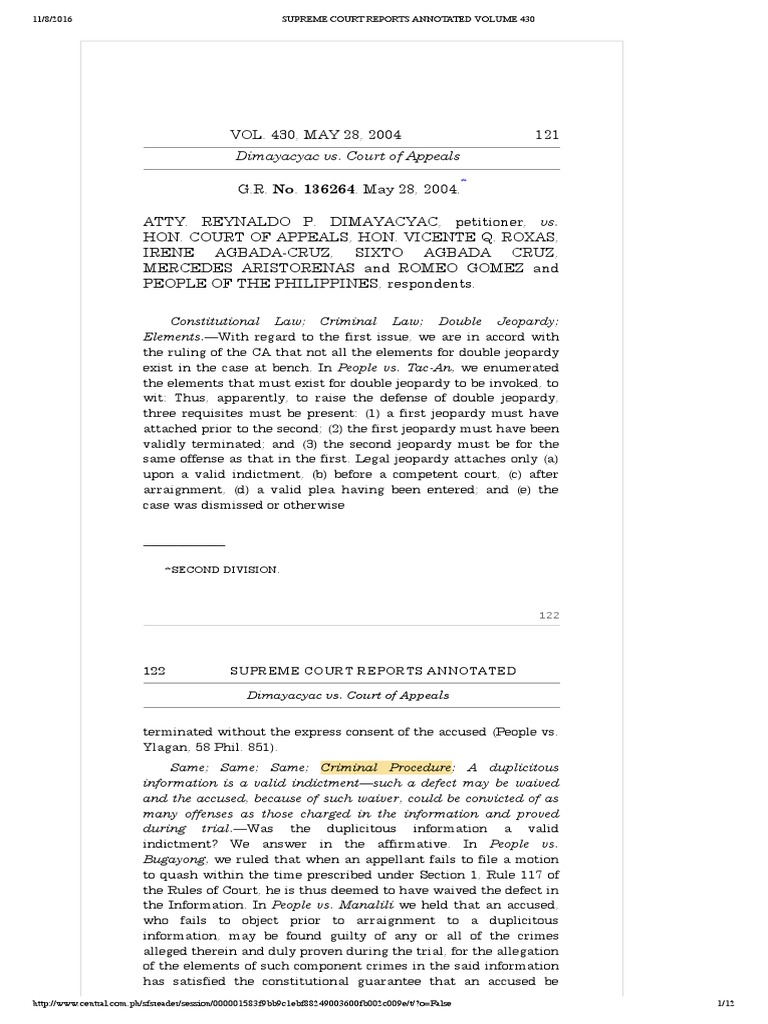 Dimayacyac vs. Court of Appeals Ruling | PDF | Plea | Arraignment