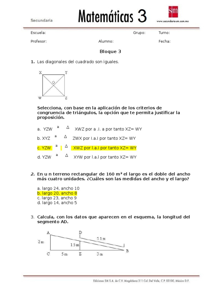 Examen Bloque 3 Matematicas 3 Grado | PDF | Geometría | Enseñanza de ...