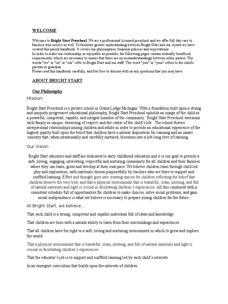 Bright Start Preschool Parent Handbook | PDF | Curriculum | Special ...