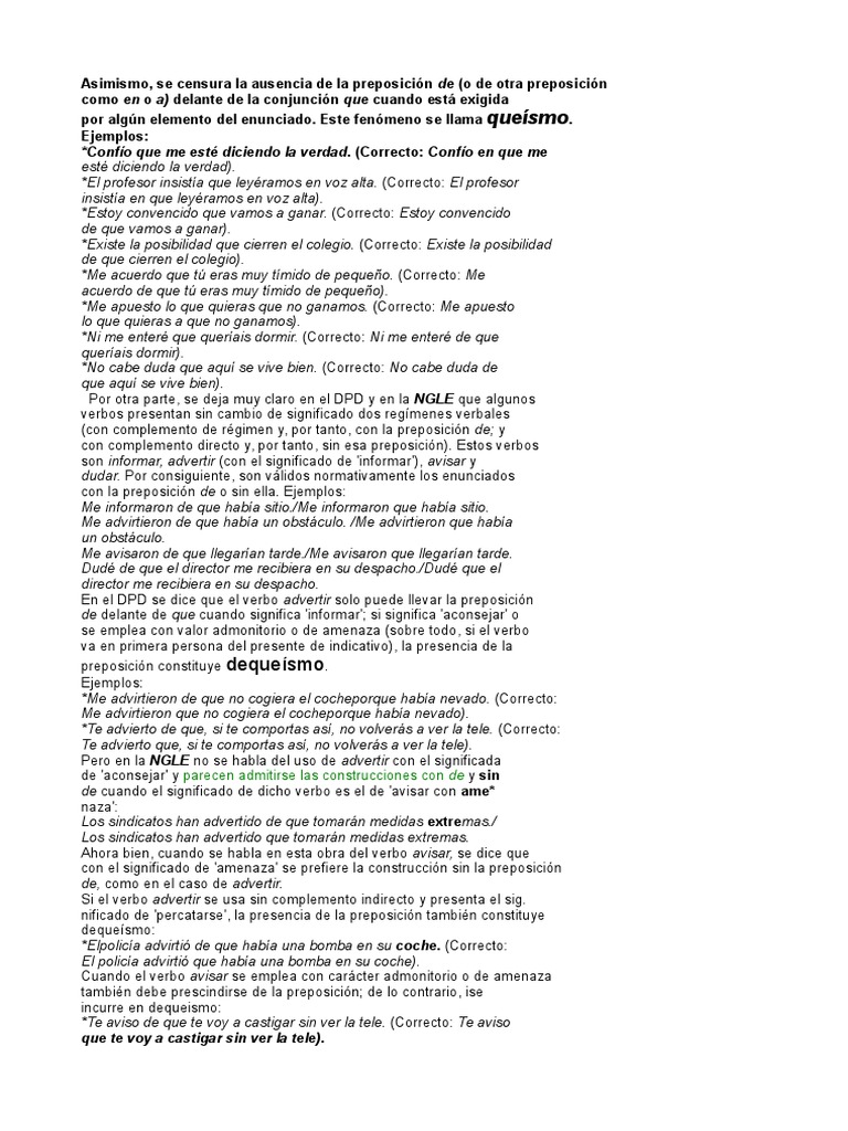 Queísmo y Dequeísmo | PDF | Preposición y Postposición | Verbo