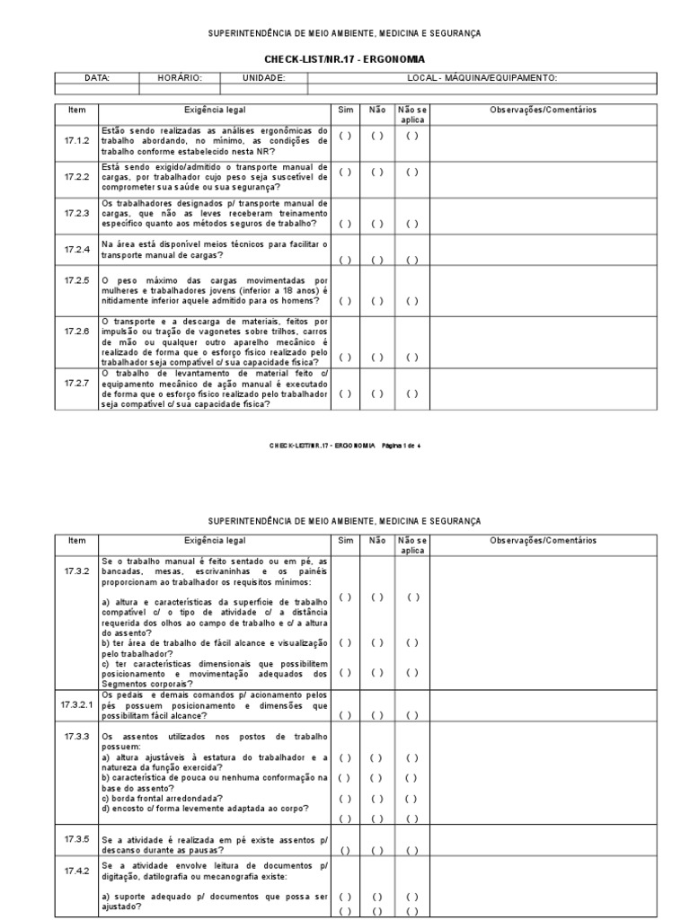 Check List NR 17 | Fatores Humanos e Ergonomia | Transporte