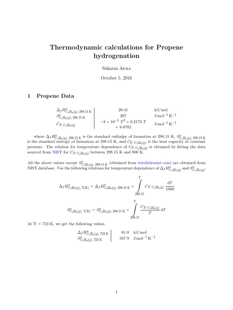 Thermodynamics of Propene Hydrogenation | PDF | Enthalpy | Heat