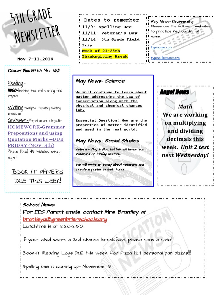 5th Grade Newsletter | PDF