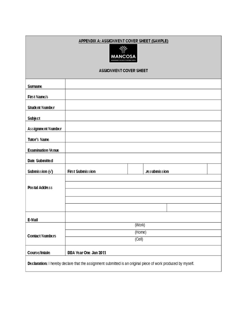 MANCOSA Assignment Cover Sheet | PDF