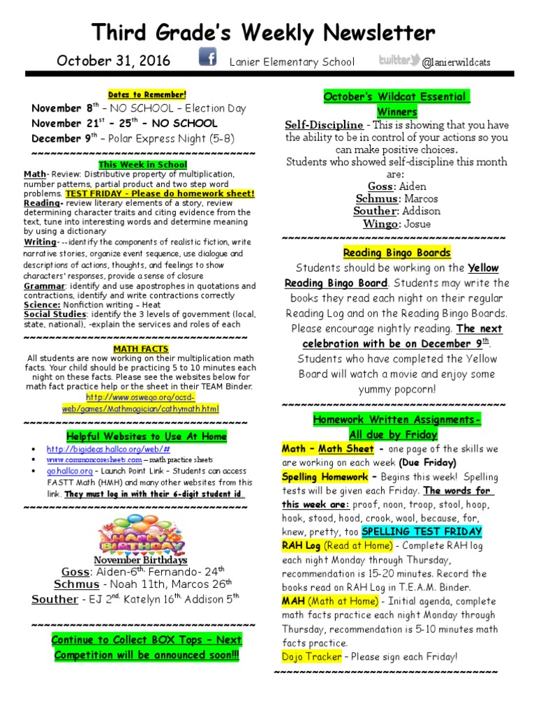 Third Grade's Weekly Newsletter: October 31, 2016 | PDF