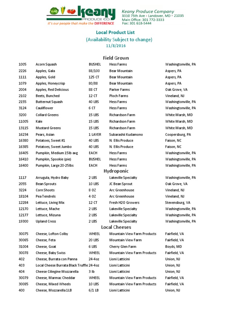 (Availability Subject To Change) : Local Product List | PDF | Foods ...