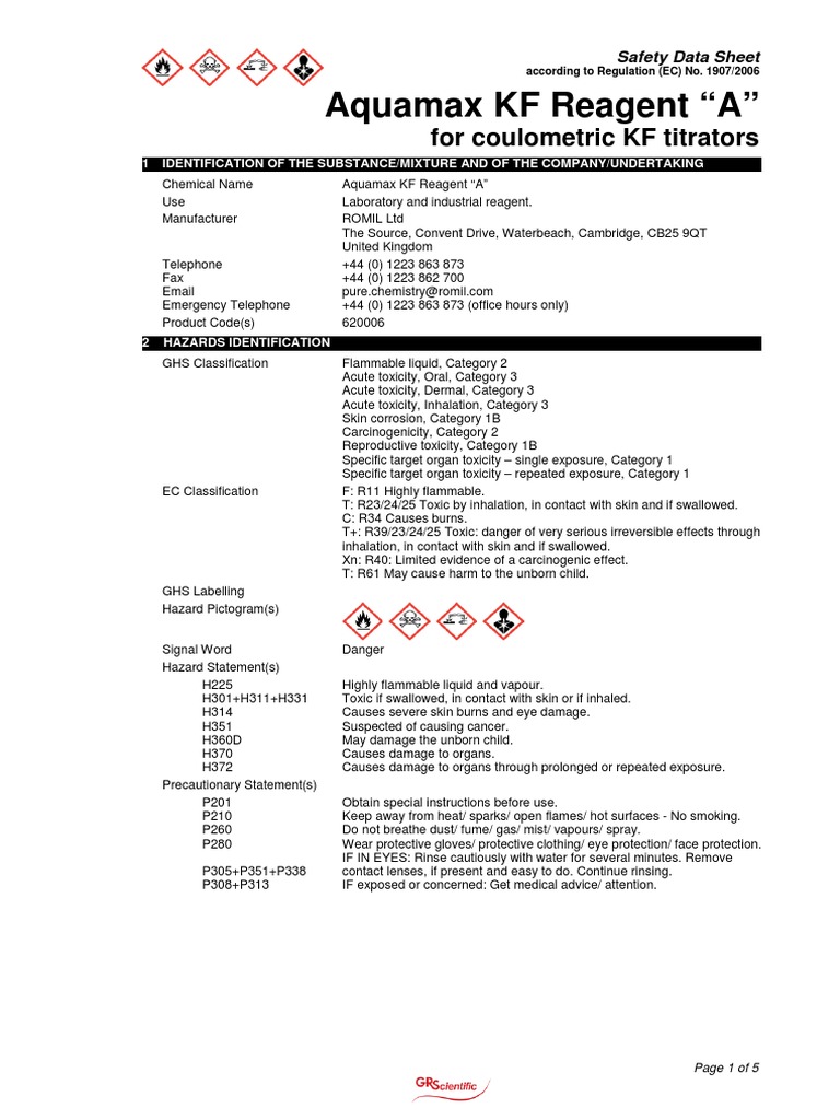 Aquamax KF Reagent A Sep 2015 | PDF | Toxicity | Solvent