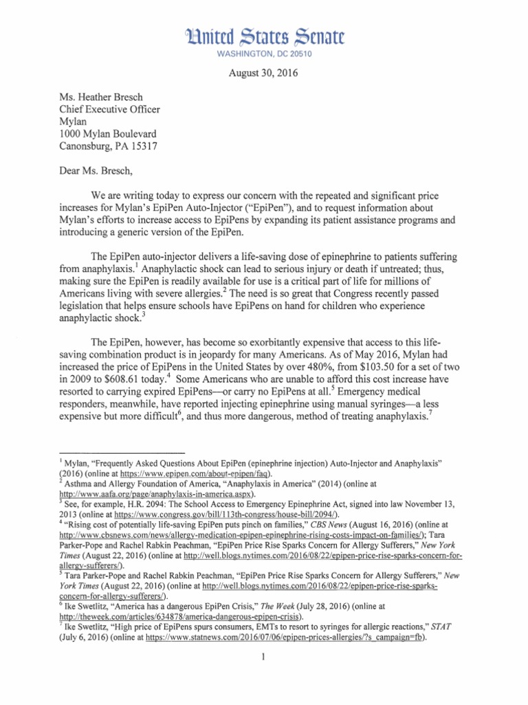2016 8 30 EpiPen Letter | Epinephrine Autoinjector | Mylan