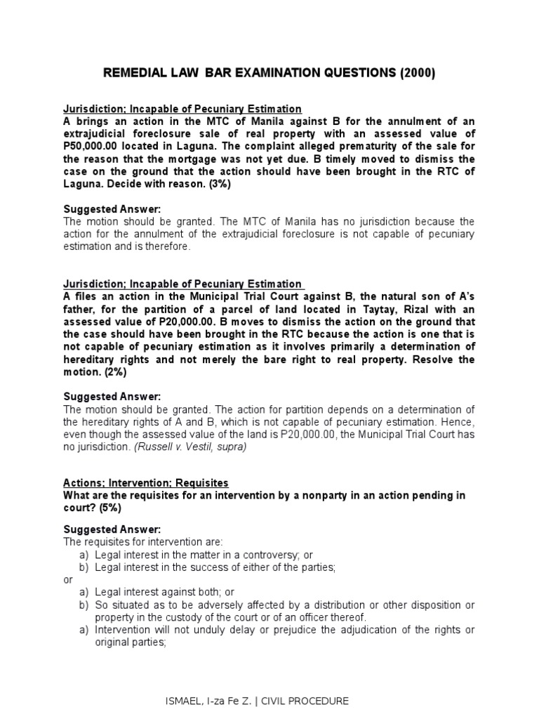 2000 Remedial Law Bar Questions | PDF | Discovery (Law) | Complaint